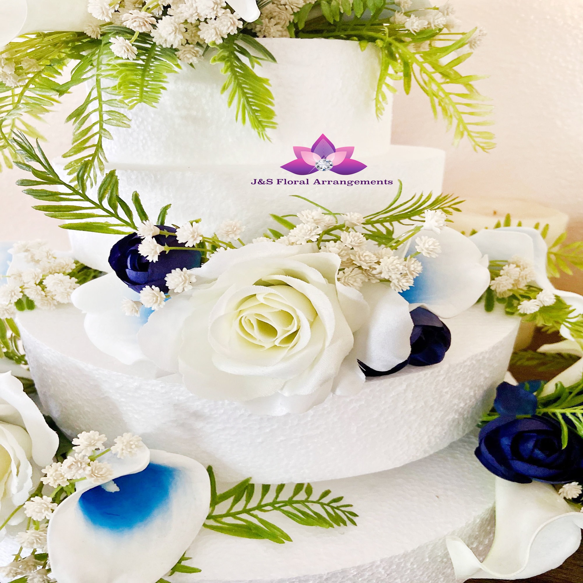 Royal Blue Roses Wedding Cake Topper, White Lilies Floral Arrangement ...