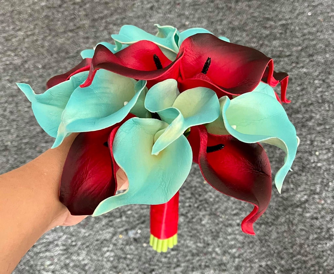 Stunning Red Turquoise Bridal Bouquet Burgundy Aqua Wedding - Etsy