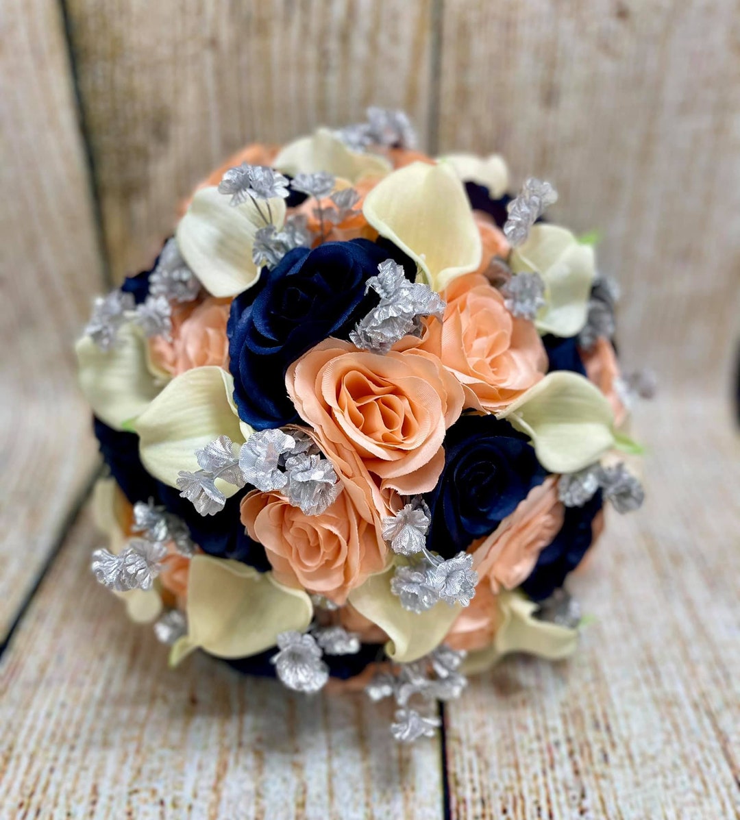 Silver Peach Navy Cream Wedding Bouquet, Nude Blue Grey Ivory Bridal ...