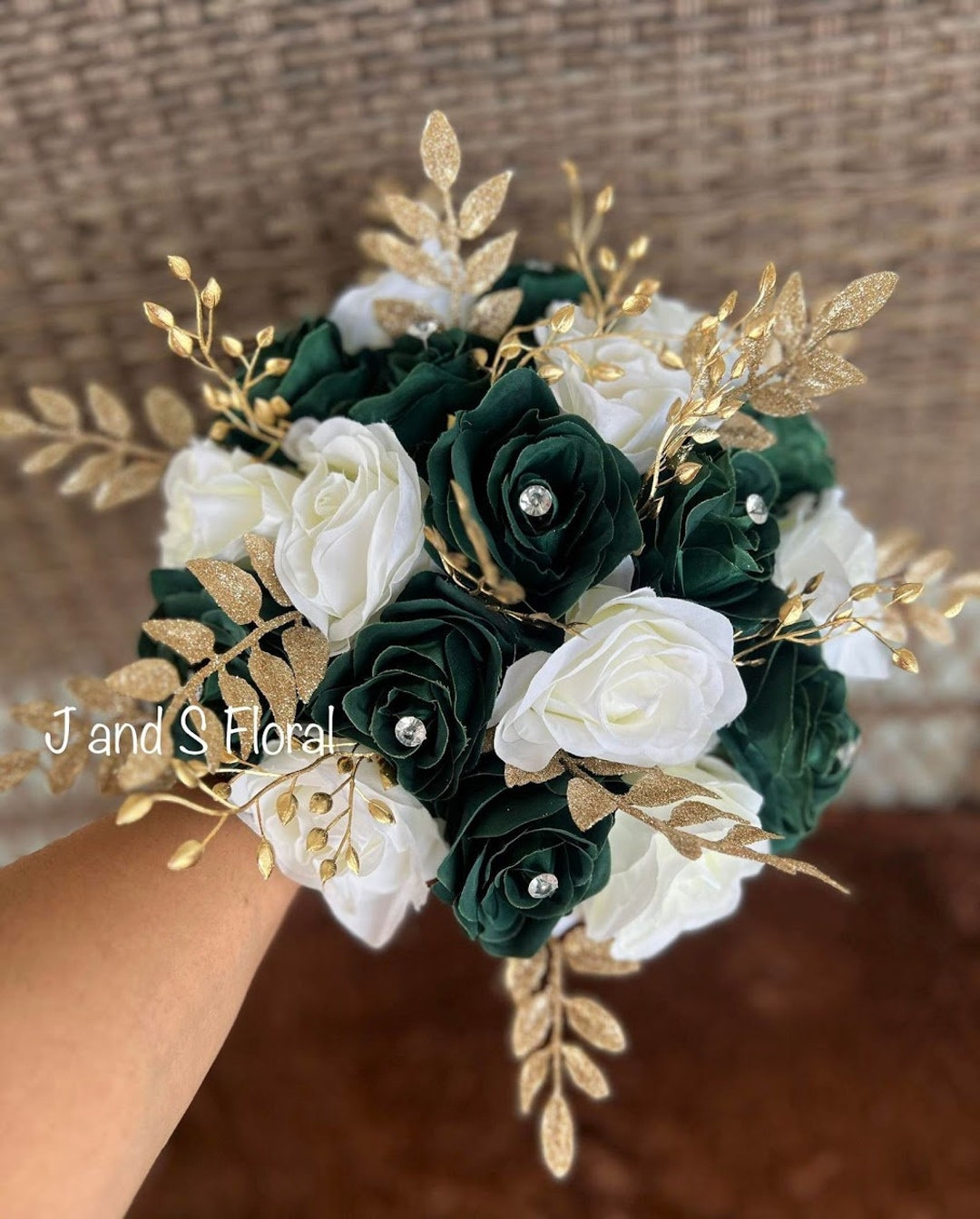 Glam Gold Emerald Green White Bridal Bouquet Bling Gold - Etsy