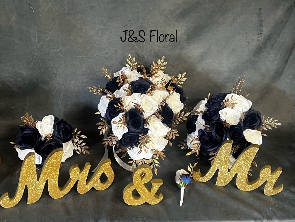 Glamorous Navy, White & Gold Wedding Bouquet: Cascading Teardrop Design ...