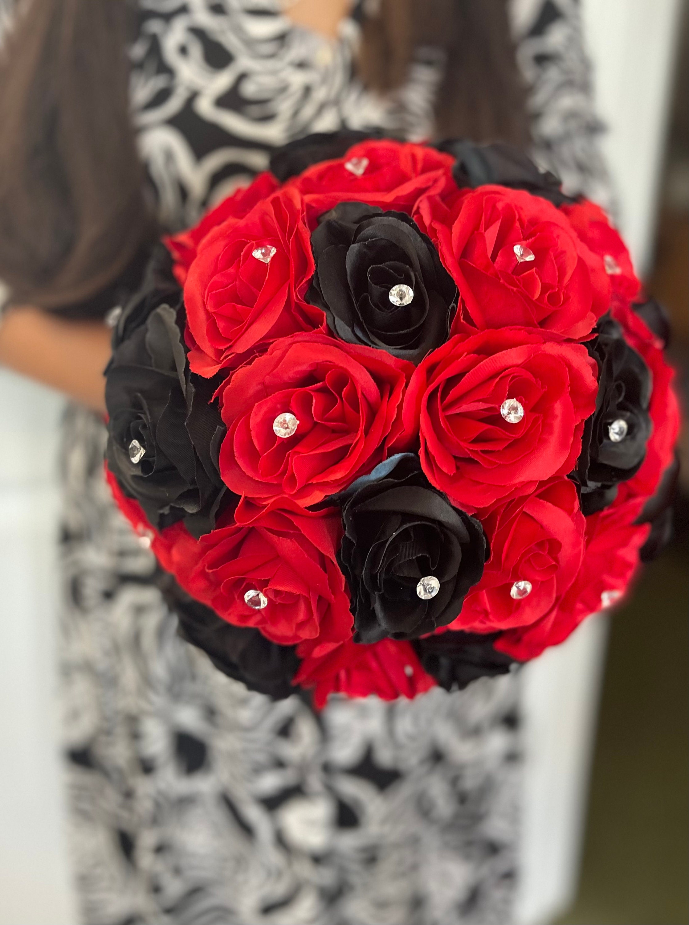 Red Black Round Bridal Bouquet Roses Diamonds Wedding - Etsy