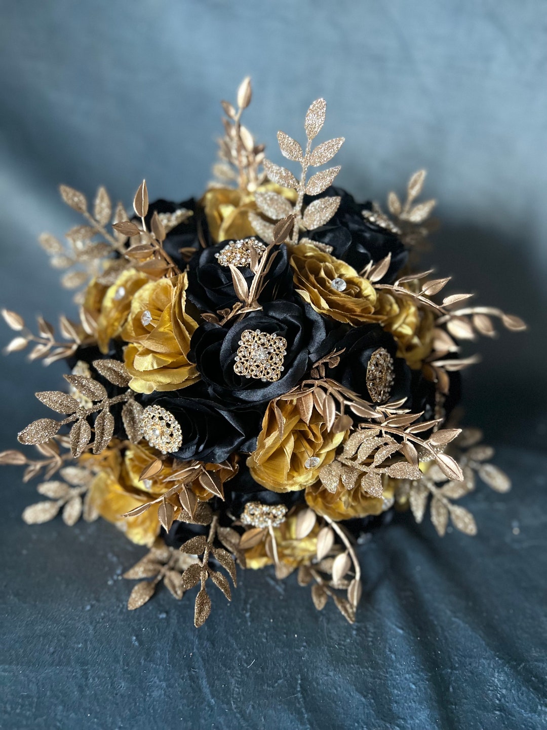 Glam Gold Black Bridal Bouquet, Bling Gold Glitter Quinceanera Bouquet ...