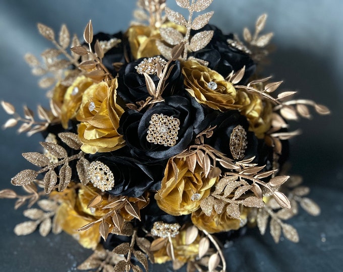 Black and Gold Eucalyptus Boho Artificial Bridal Bouquet Gold Wedding ...