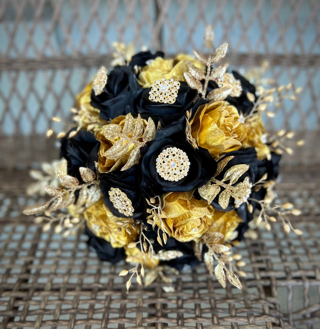 Glam Gold Black Bridal Bouquet Bling Gold Glitter Quinceanera - Etsy
