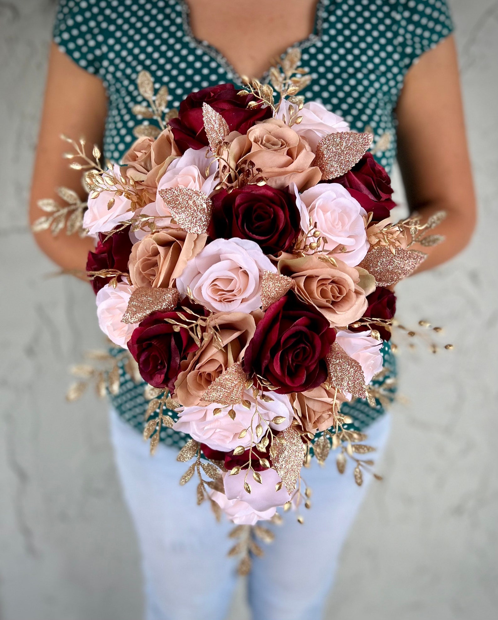 Glam Cascading Burgundy Rose Gold Blush Gold Wedding Bouquet - Etsy