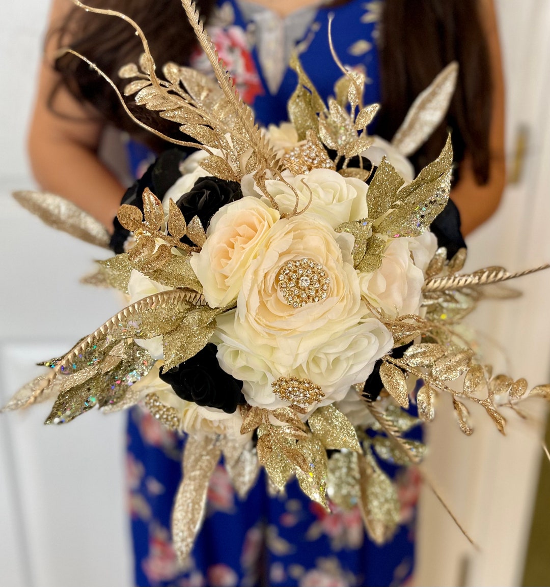 Ivory Rose Bridal Bouquet: Black, Gold Leaves & Jewelry Bling - Etsy