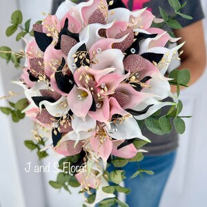 Cascading Pink White Black Gold Bridal Bouquet, Blush White Rosegold ...