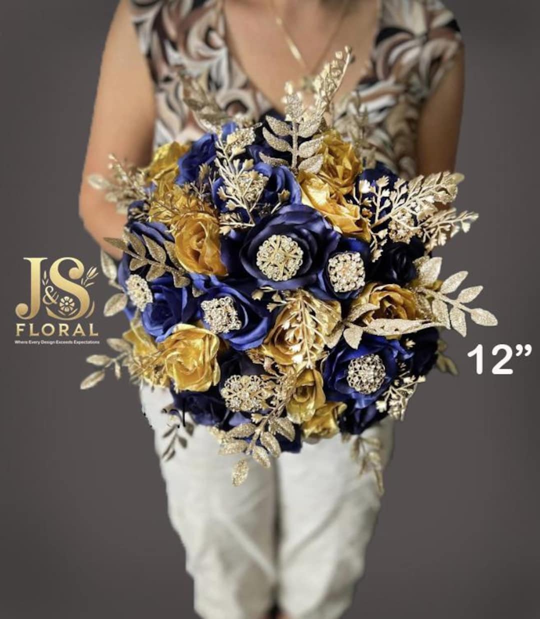 Glam Gold Royal Blue Bridal Bouquet, Bling Gold Glitter Quince Bouquet ...