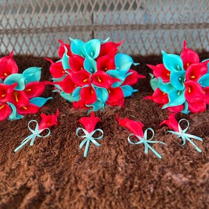Stunning Red Turquoise Bridal Bouquet, Red Aqua Wedding Bouquet, Red ...