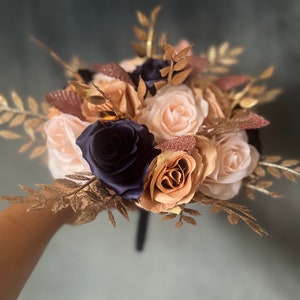 Glam Cascading Navy Rose Gold Blush Gold Wedding Bouquet Teardrop Gold
