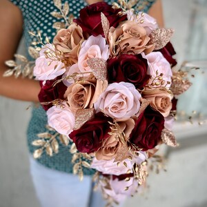 Glam Cascading Burgundy Rose Gold Blush Gold Wedding Bouquet, Teardrop ...