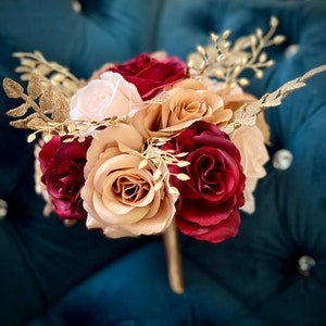 Glam Cascading Burgundy Rose Gold Blush Gold Wedding Bouquet, Teardrop ...
