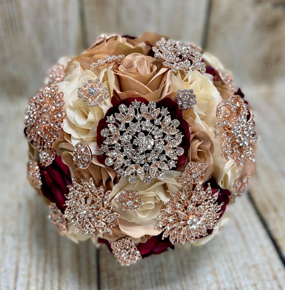 Rose Gold Burgundy Wedding Bouquet: Elegant Bling Bridal Roses - Etsy
