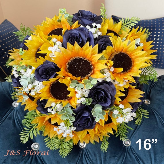 Cascading Sunflower Bridal Bouquet Sunflower Navy Wedding Etsy