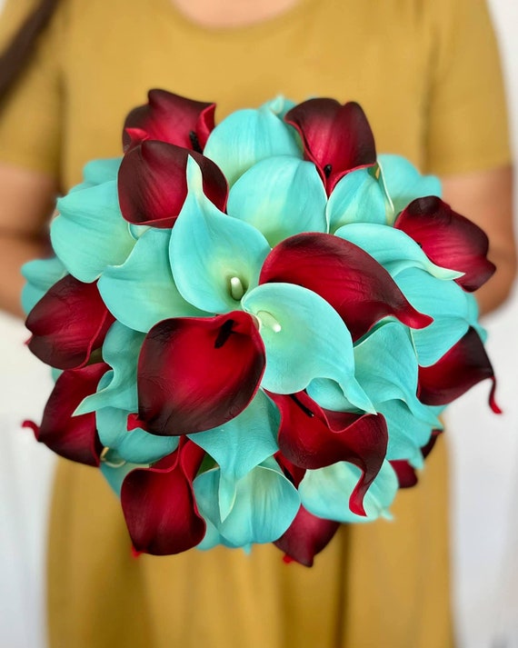 Stunning Red Turquoise Bridal Bouquet Burgundy Aqua Wedding | Etsy
