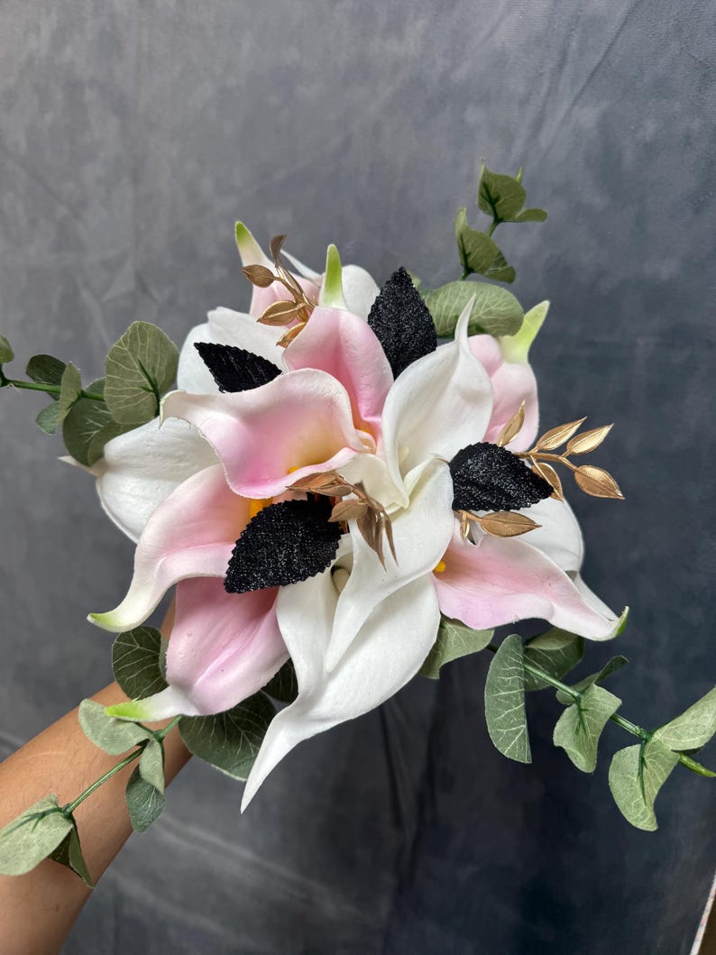 Cascading Bridal Bouquet: Pink, White, Gold Lilies, Bling Teardrop ...