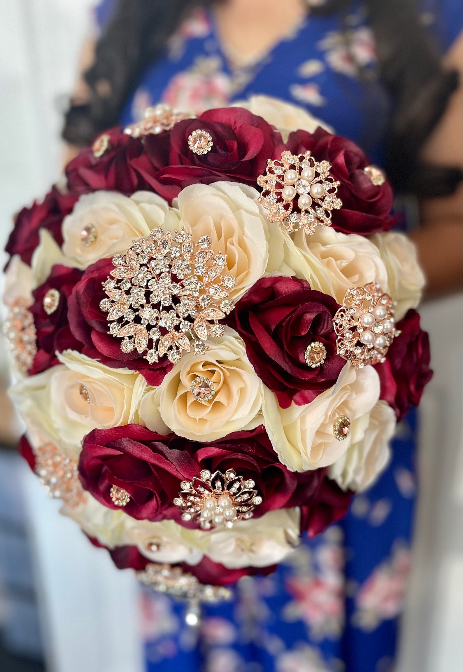 Burgundy Ivory Cascading Bridal Bouquet: Rose Gold Jewelry Bling - Etsy