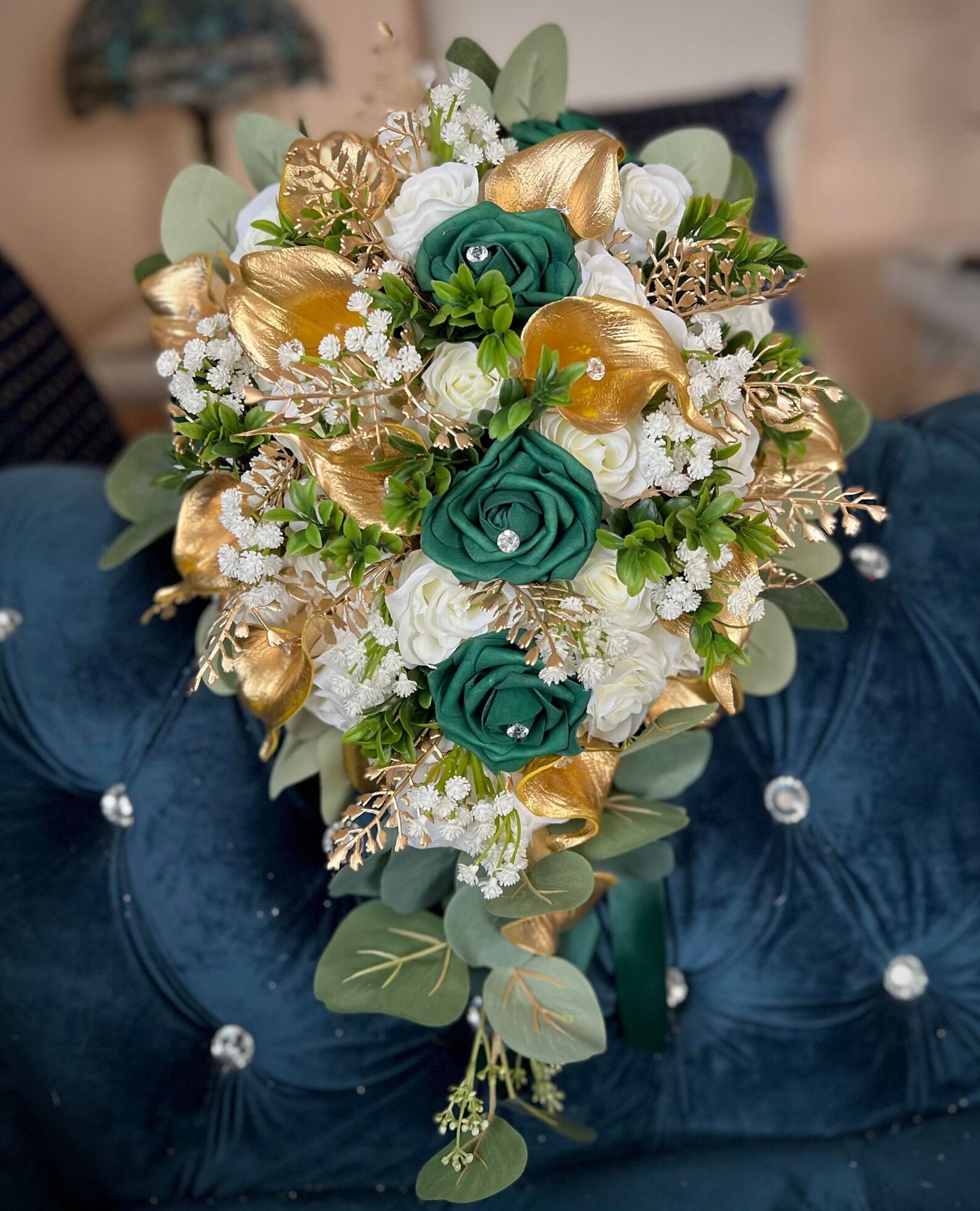 Elegant Cascading White Emerald Green Gold Bridal Bouquet - Etsy