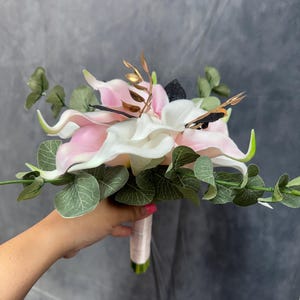 Cascading Bridal Bouquet: Pink, White, Gold Lilies, Bling Teardrop ...