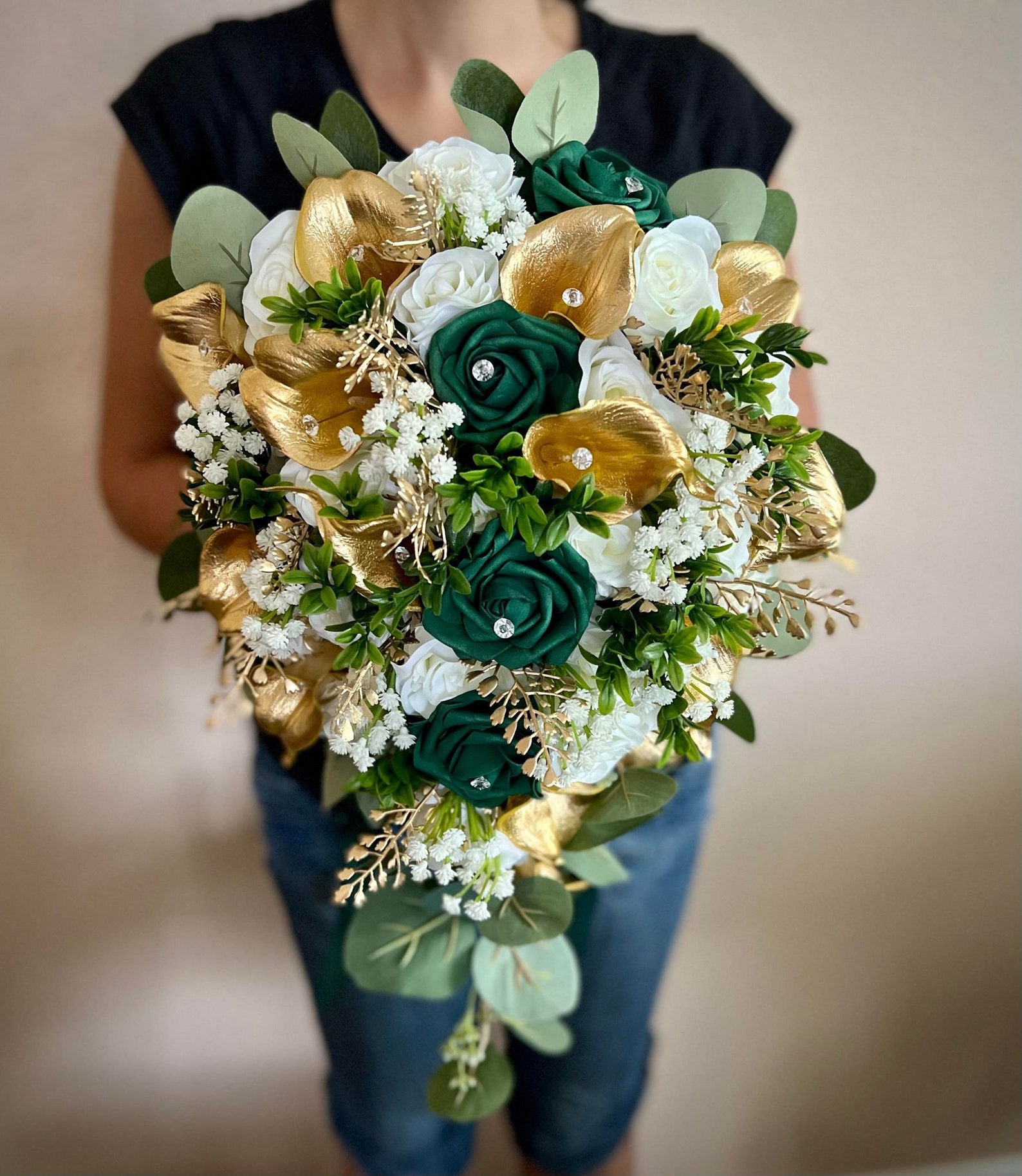 Elegant Cascading White Emerald Green Gold Bridal Bouquet - Etsy