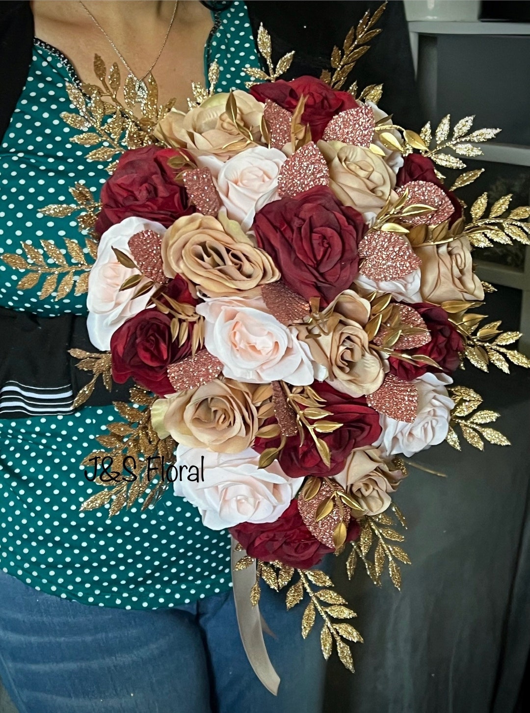 Glam Cascading Burgundy Rose Gold Blush Gold Wedding Bouquet, Teardrop ...