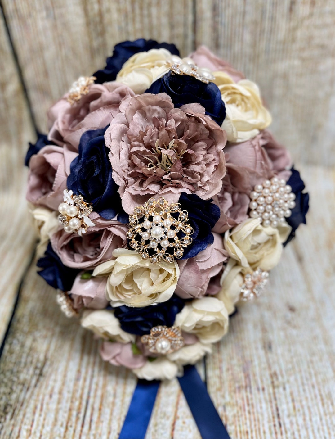 Navy Dusty Rose Ivory Cascading Wedding Bouquet,teardrop Blue Dusty ...
