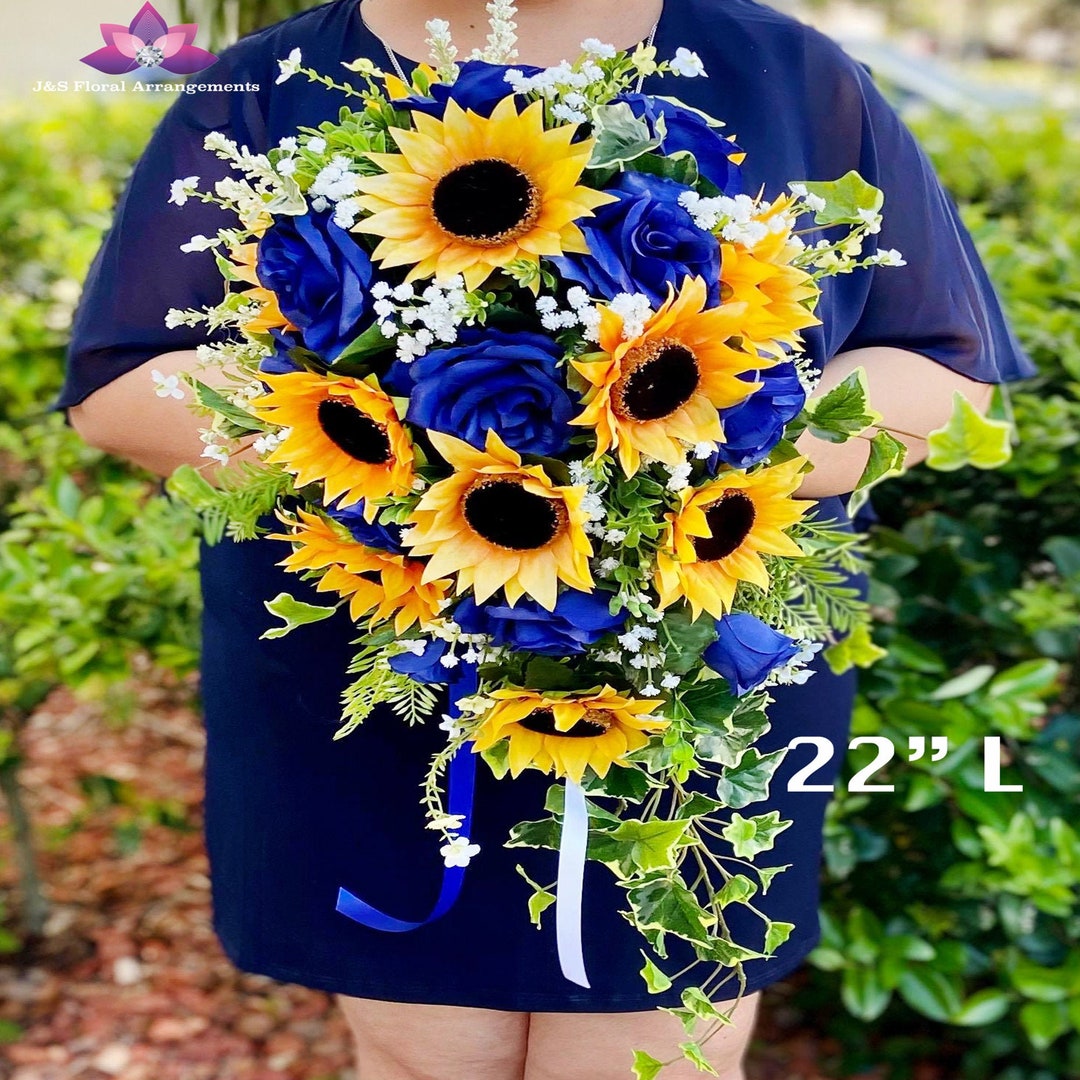Cascading Sunflower Bridal Bouquet Sunflower Royal Blue Wedding