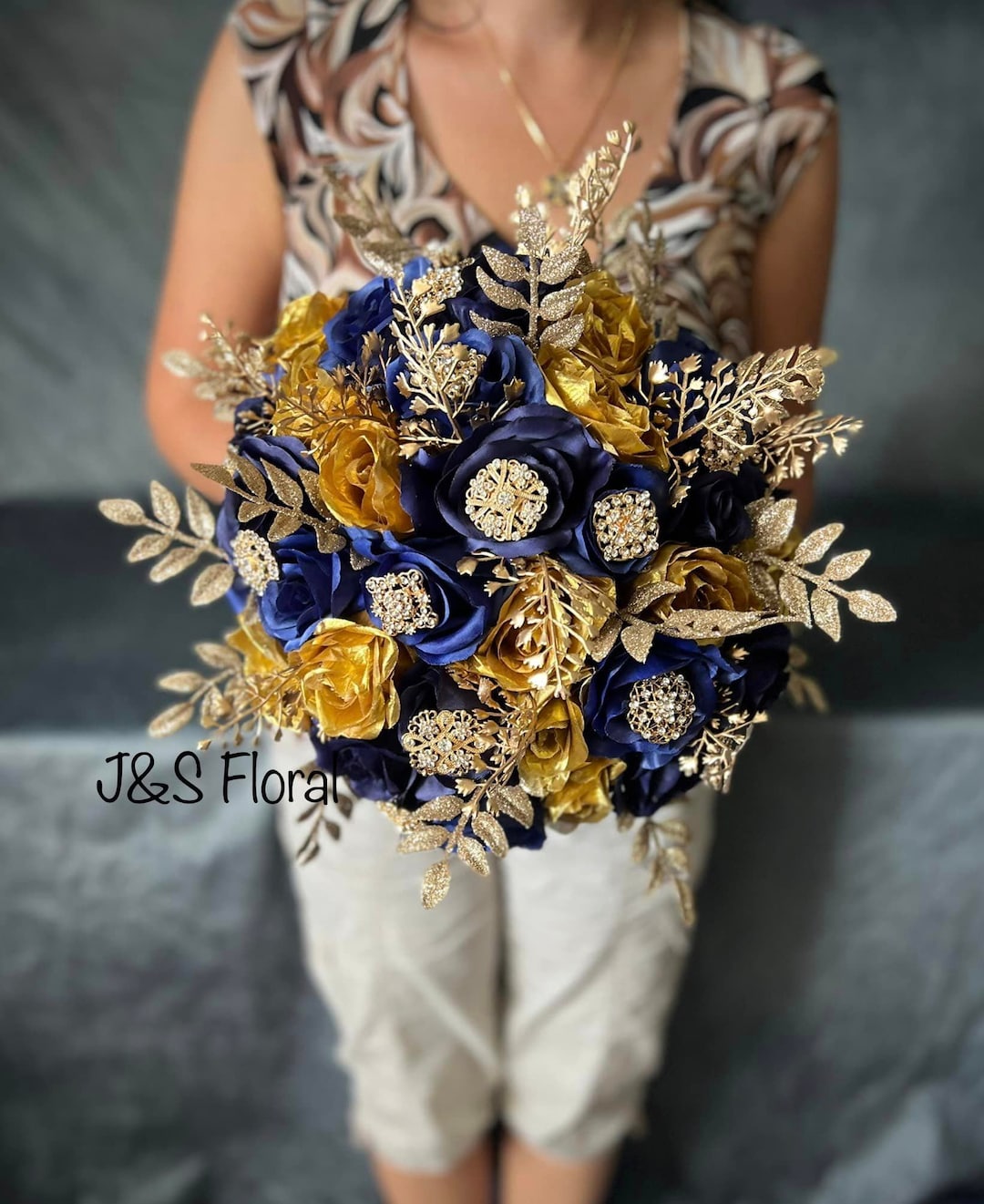 Glam Gold Royal Blue Bridal Bouquet, Bling Gold Glitter Quince Bouquet ...