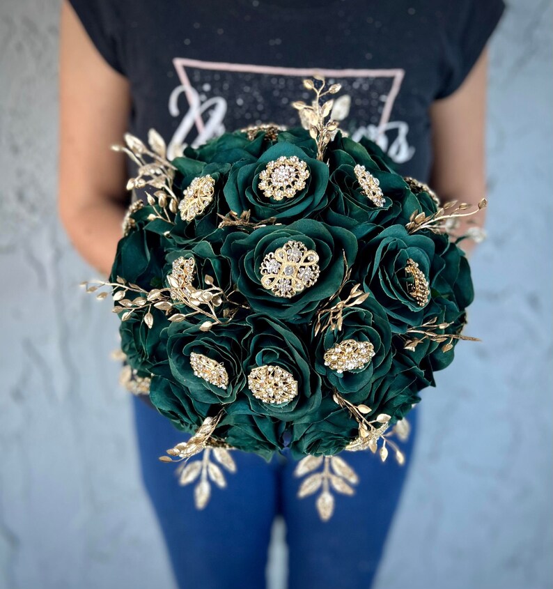 Glam Gold Emerald Green Bridal Bouquet Bling Gold Glitter - Etsy
