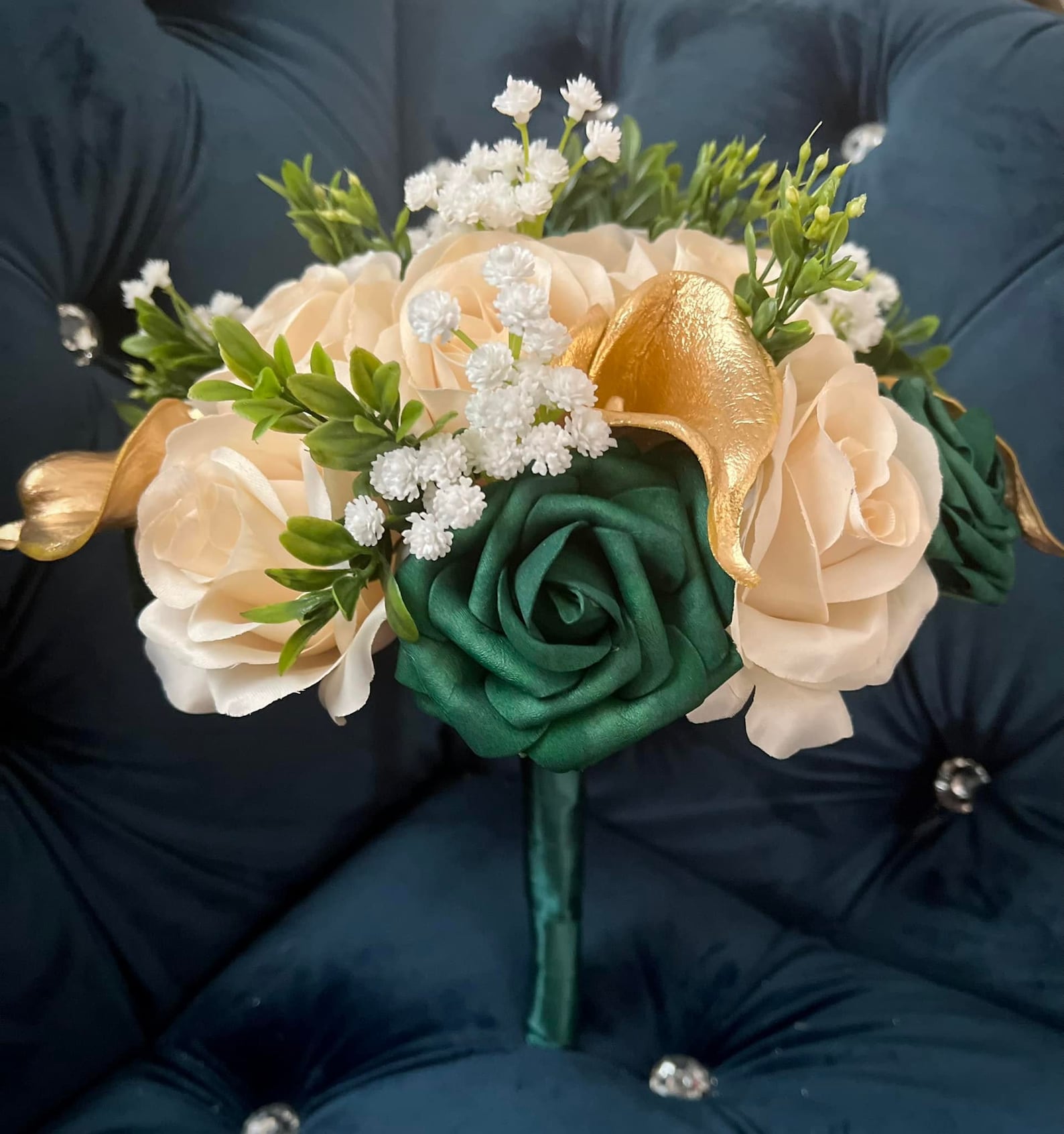 Elegant Cascading Ivory Emerald Green Gold Bridal Bouquet - Etsy
