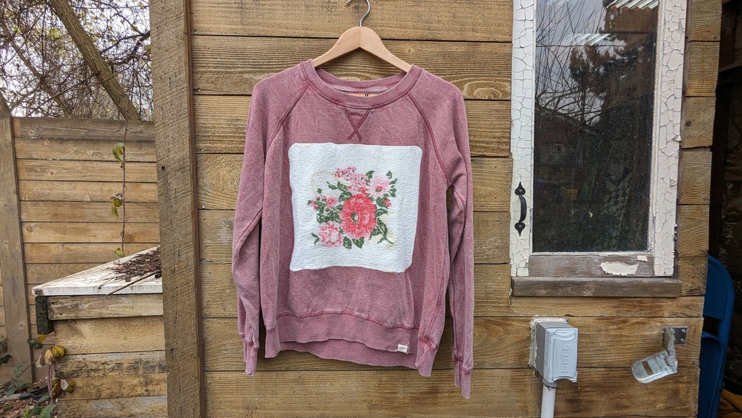 Towel Patch Sweater, Pullover Crew Neck Sweatshirt With Vintage Towel ...