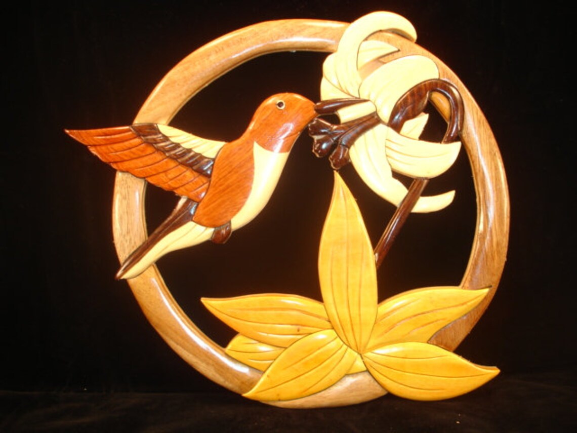 Beautifully Hand Crafted 3 Dimensional Intarsia Wood Art HUMMINGBIRD ...