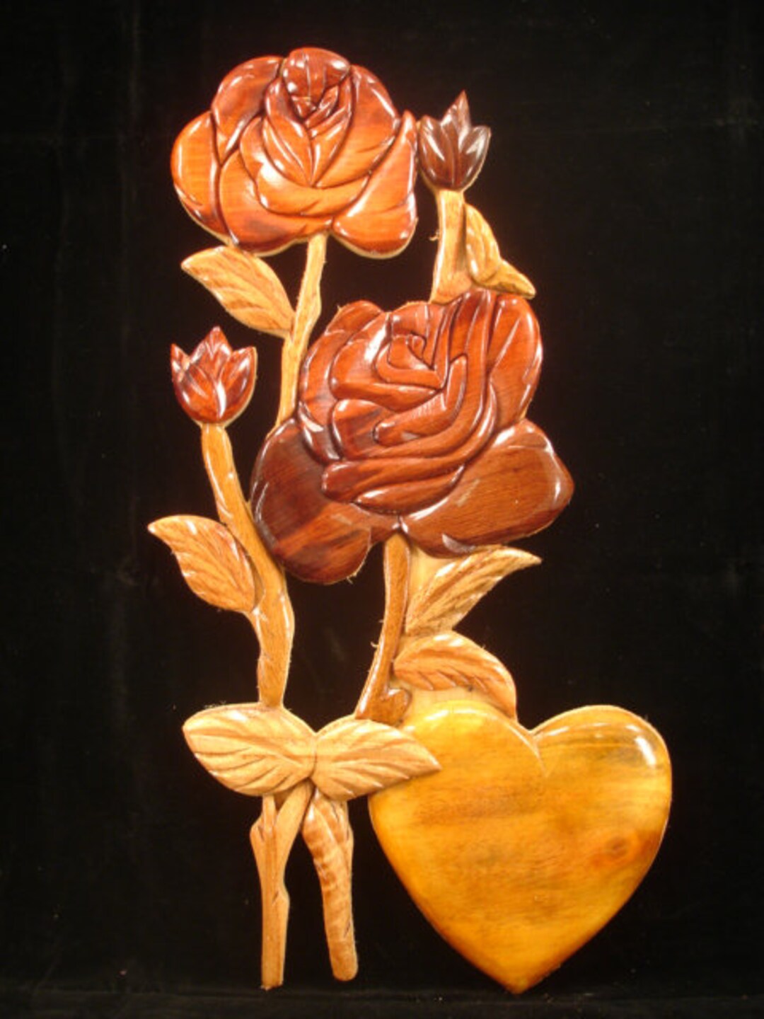 Beautifully Hand Crafted 3 Dimensional Intarsia Wood Art ROSE HEART ...