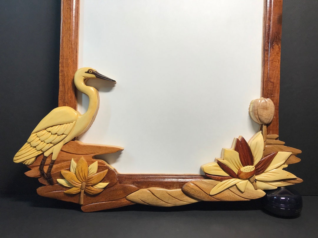 Beautifully Hand Crafted 3 Dimensional Intarsia Wood Art HERON & LOTUS ...