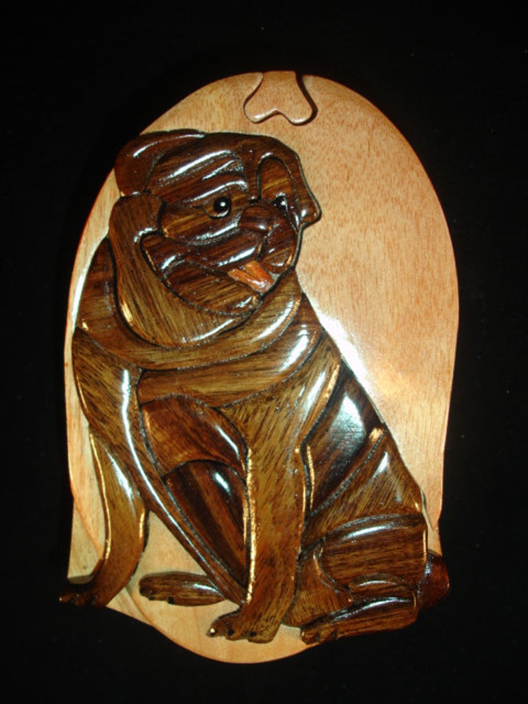 Beautifully Hand Crafted 3 Dimensional Intarsia Wood Art BLACK PUG Dog ...