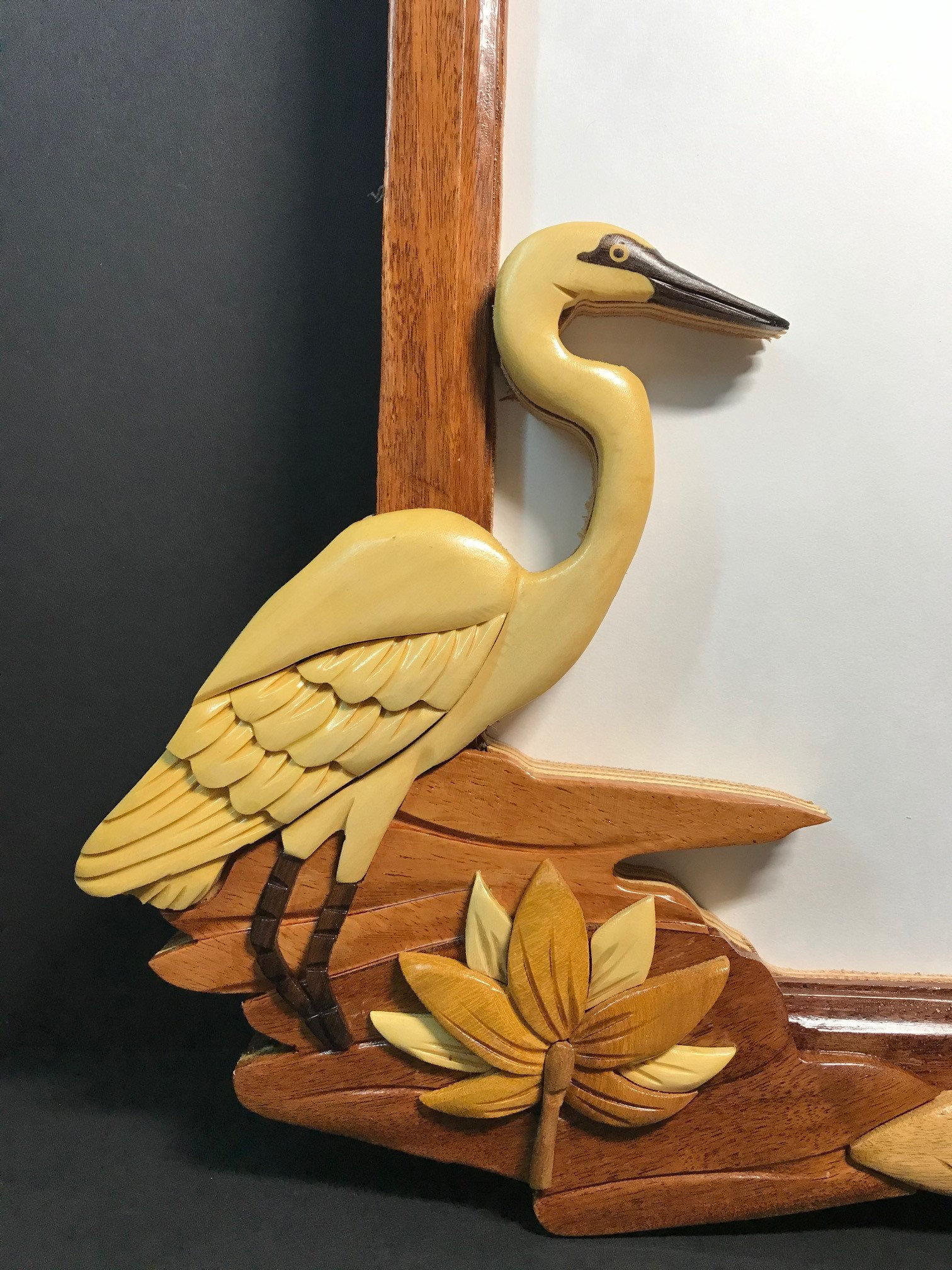 Prachtig handgemaakte 3-dimensionale Intarsia Wood Art HERON & LOTUS ...