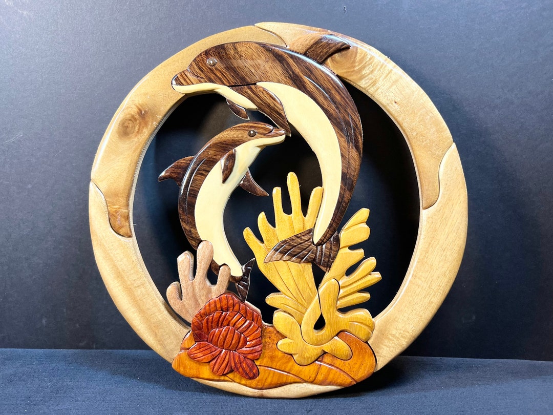 Beautifully Hand Crafted 3 Dimensional Intarsia Wood Art DOLPHIN MATES ...