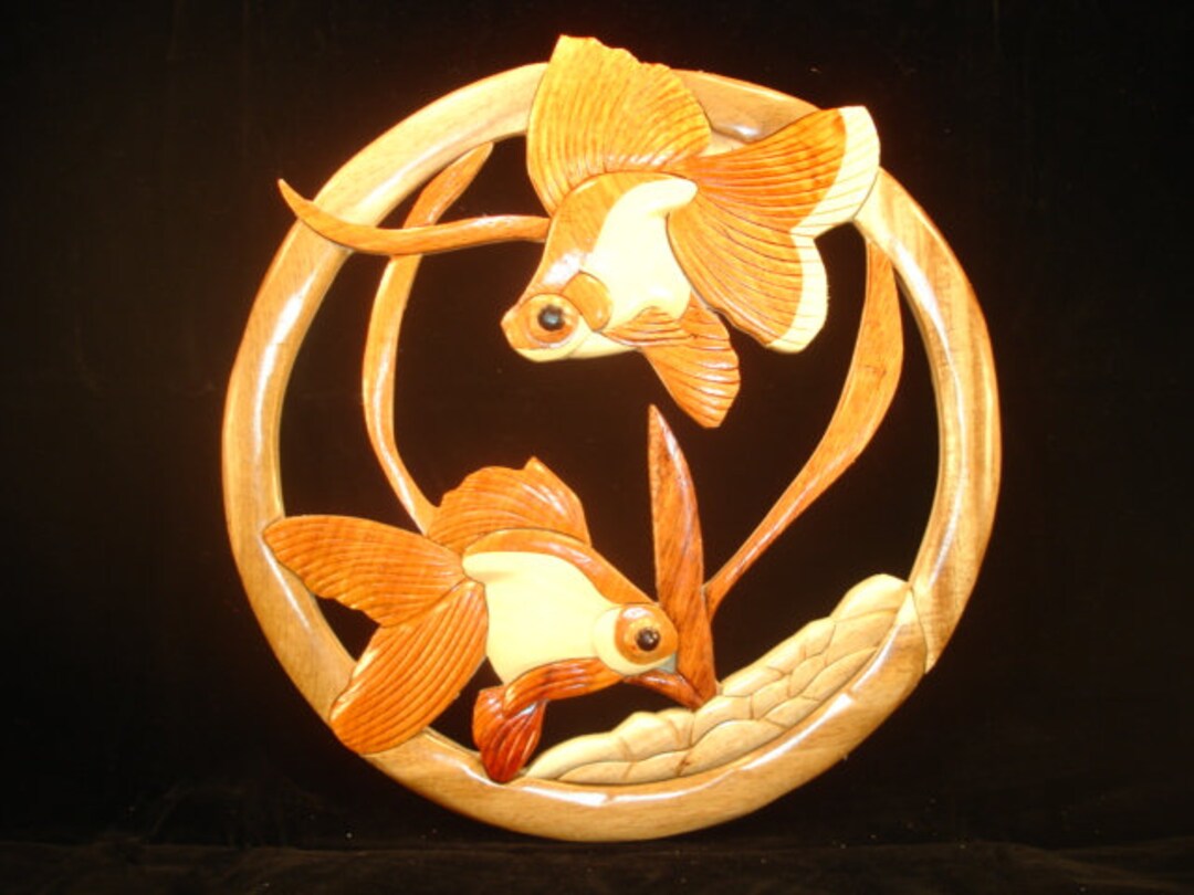 Beautifully Hand Crafted 3 Dimensional Intarsia Wood Art GOLD FISH ...