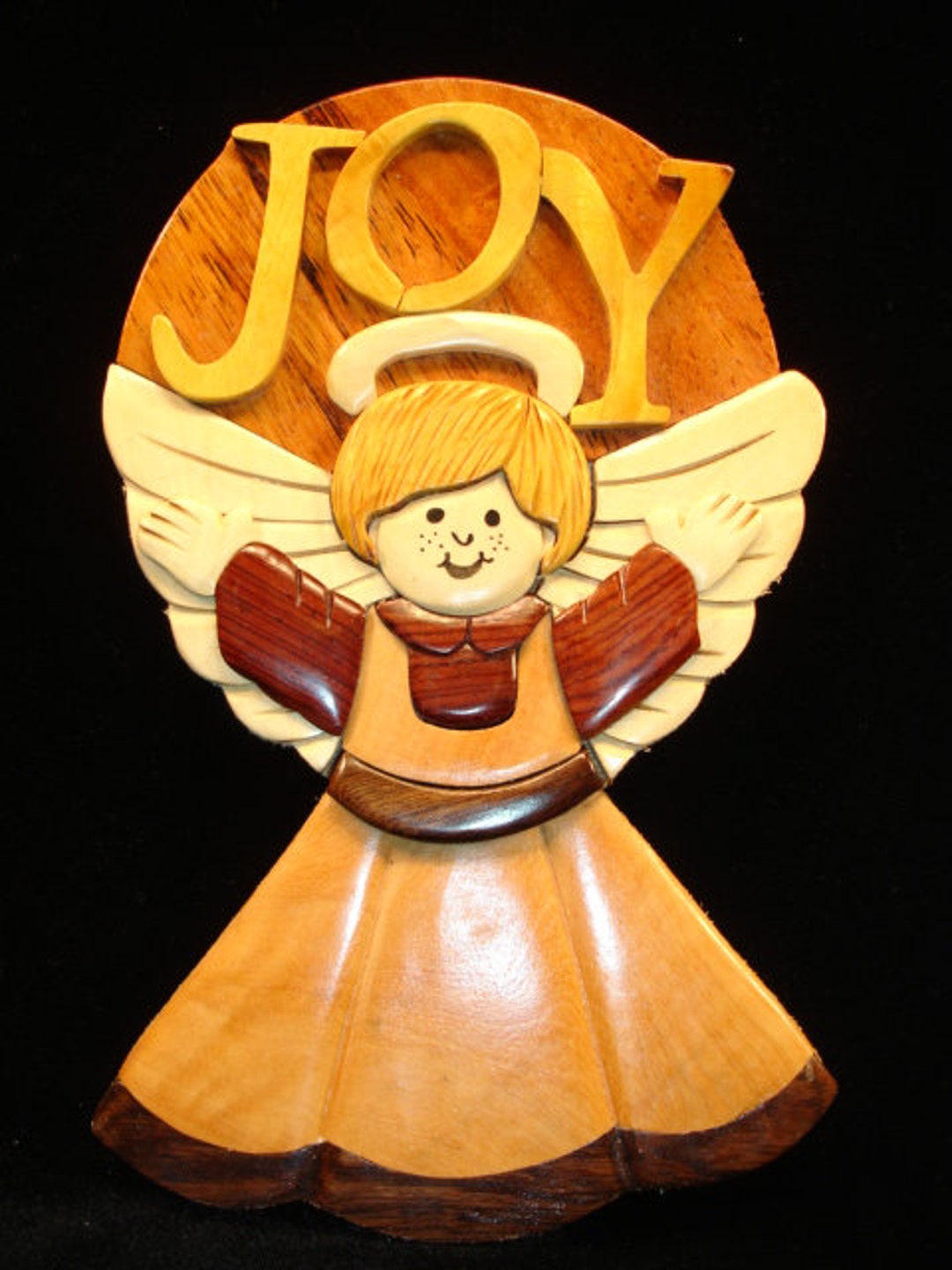 Beautifully Hand Crafted 3 Dimensional Intarsia Wood Art JOY ANGEL Sign ...