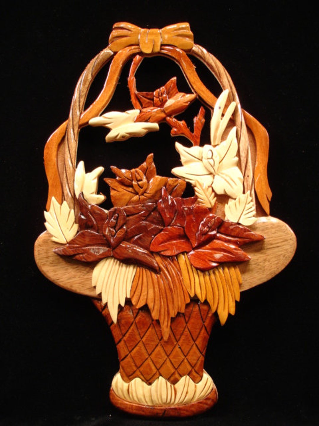 Beautifully Hand Crafted 3 Dimensional Intarsia Wood Art BASKET of ...