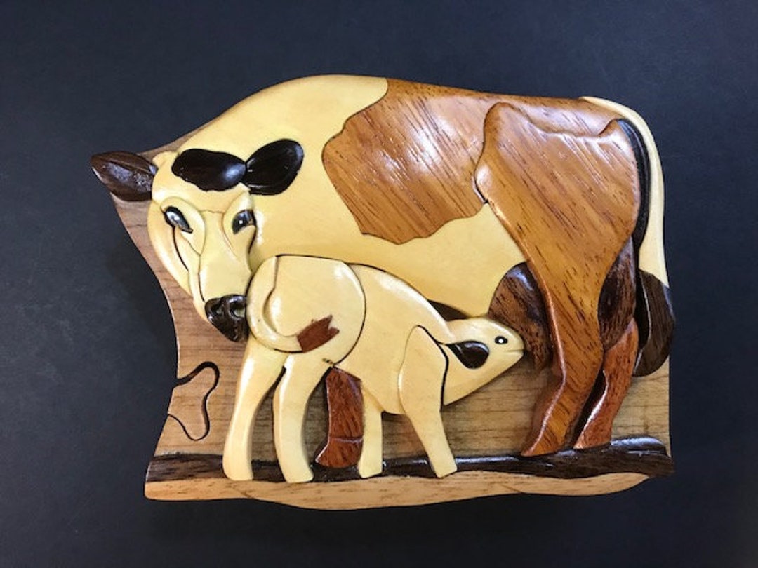 Beautifully Hand Crafted 3 Dimensional Intarsia Wood Art COW and BABY ...