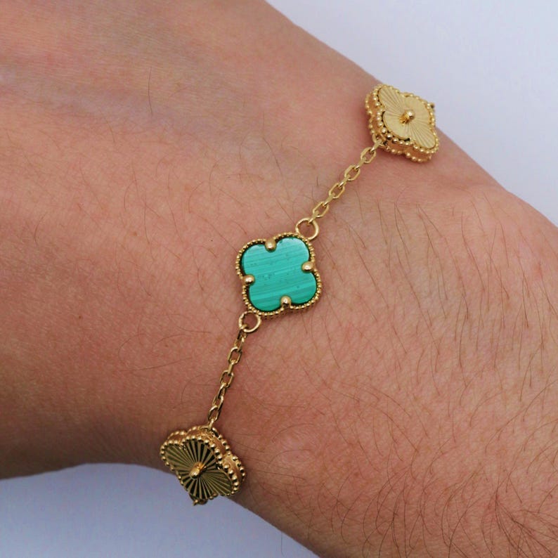 14k Yellow Gold Alhambra Bracelet 5 Motif Malachite Clover Bracelet ...