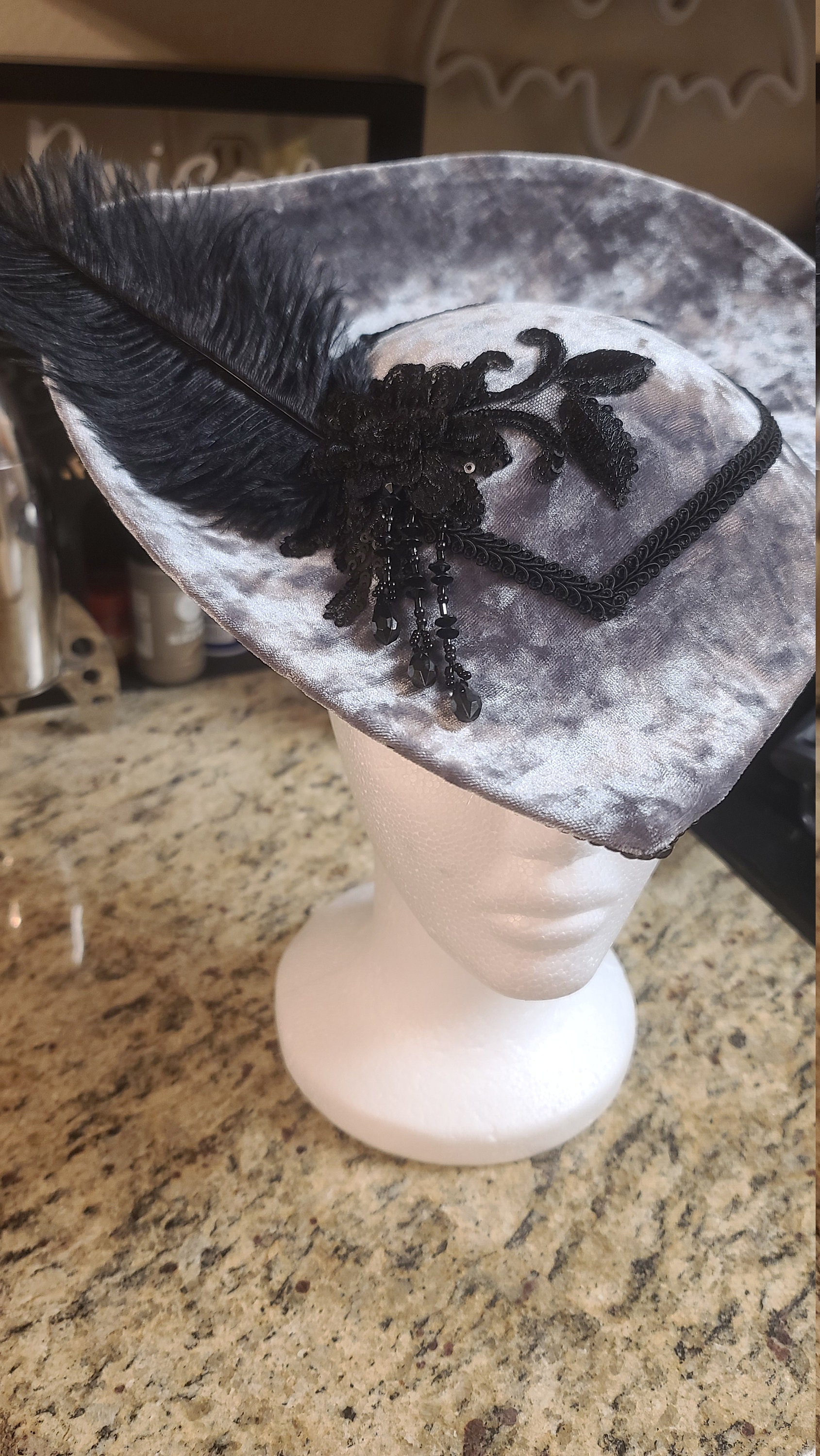 Silver Velvet Hat, Victorian Hat, Vampire Hat, Sequin Hat, Edwardian ...