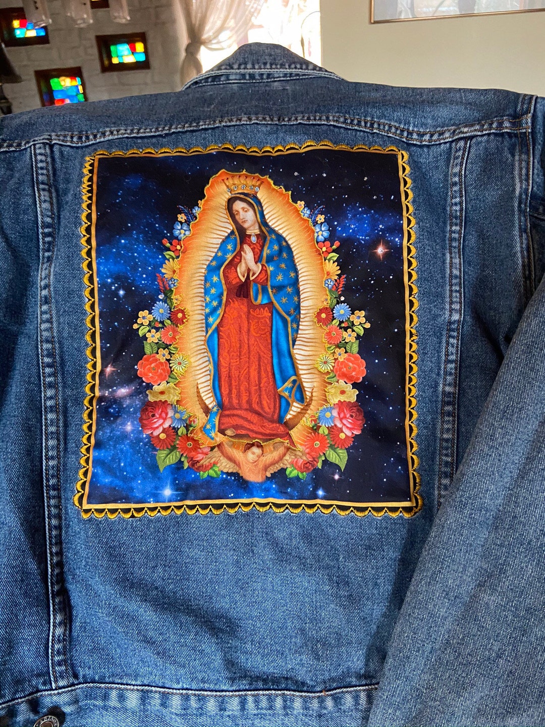 Vintage Denim Jacket: Virgin De Guadalupe Appliqué & Swarovski Crystals ...