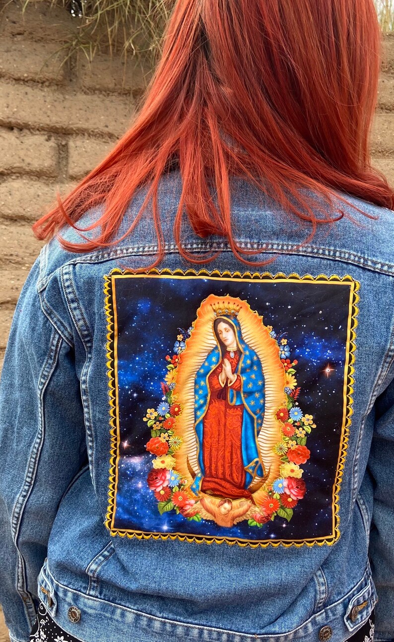 Vintage Denim Jacket: Virgin De Guadalupe Appliqué & Swarovski Crystals ...