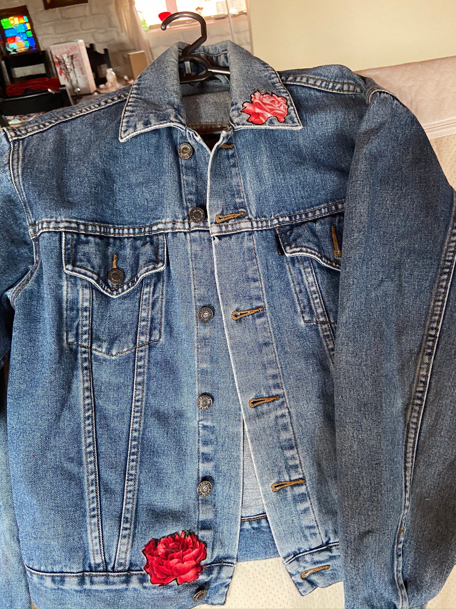 Vintage Denim Jacket: Virgin De Guadalupe Appliqué & Swarovski Crystals ...
