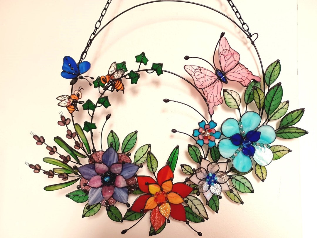 Summer Wreath Stained Glass Wreath Featuring a Pink Butterfly, Orange ...