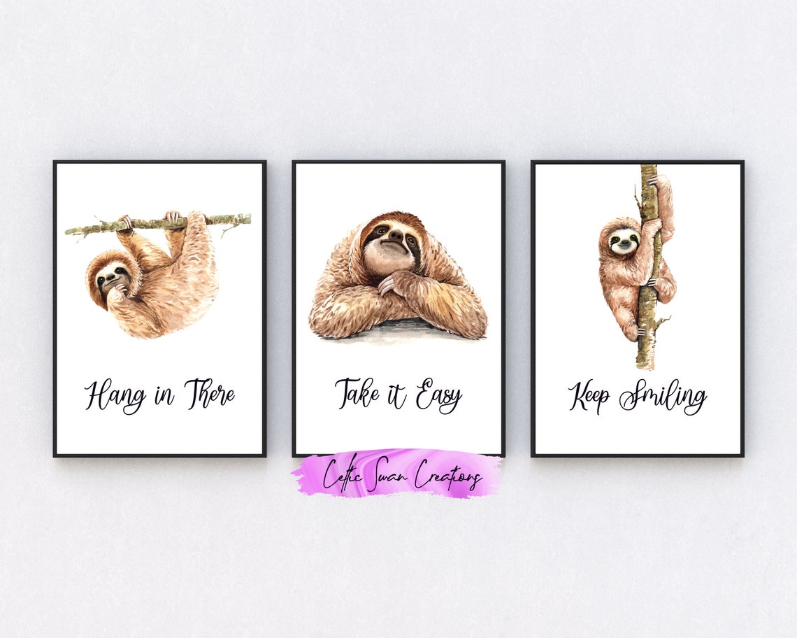 Set of 3 Sloth with Inspirational Quotes Watercolour Pictures | Etsy