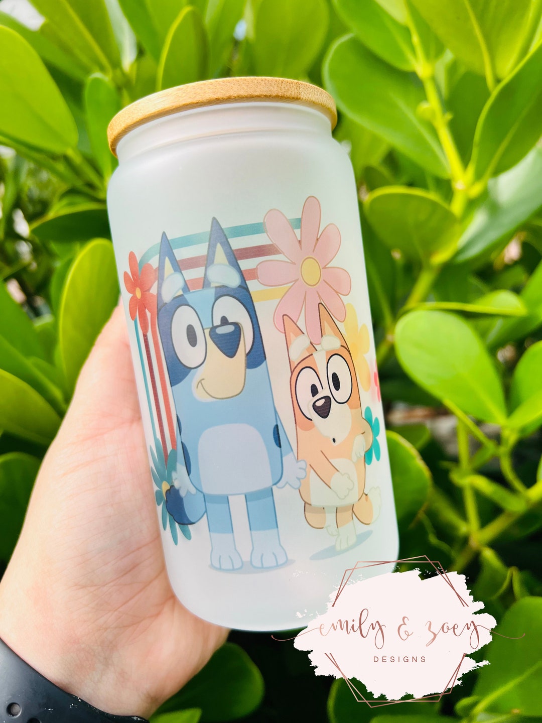 Floral Bluey & Bingo Frosted Glass Can | Custom Glass Can | Bluey Glass ...